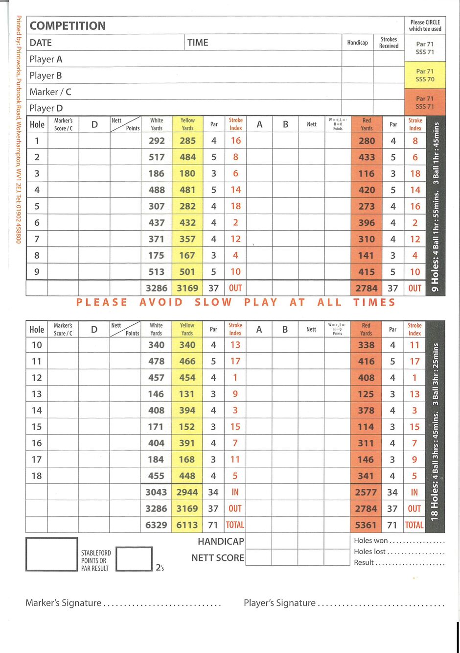 Scorecard :: Bloxwich Golf Club